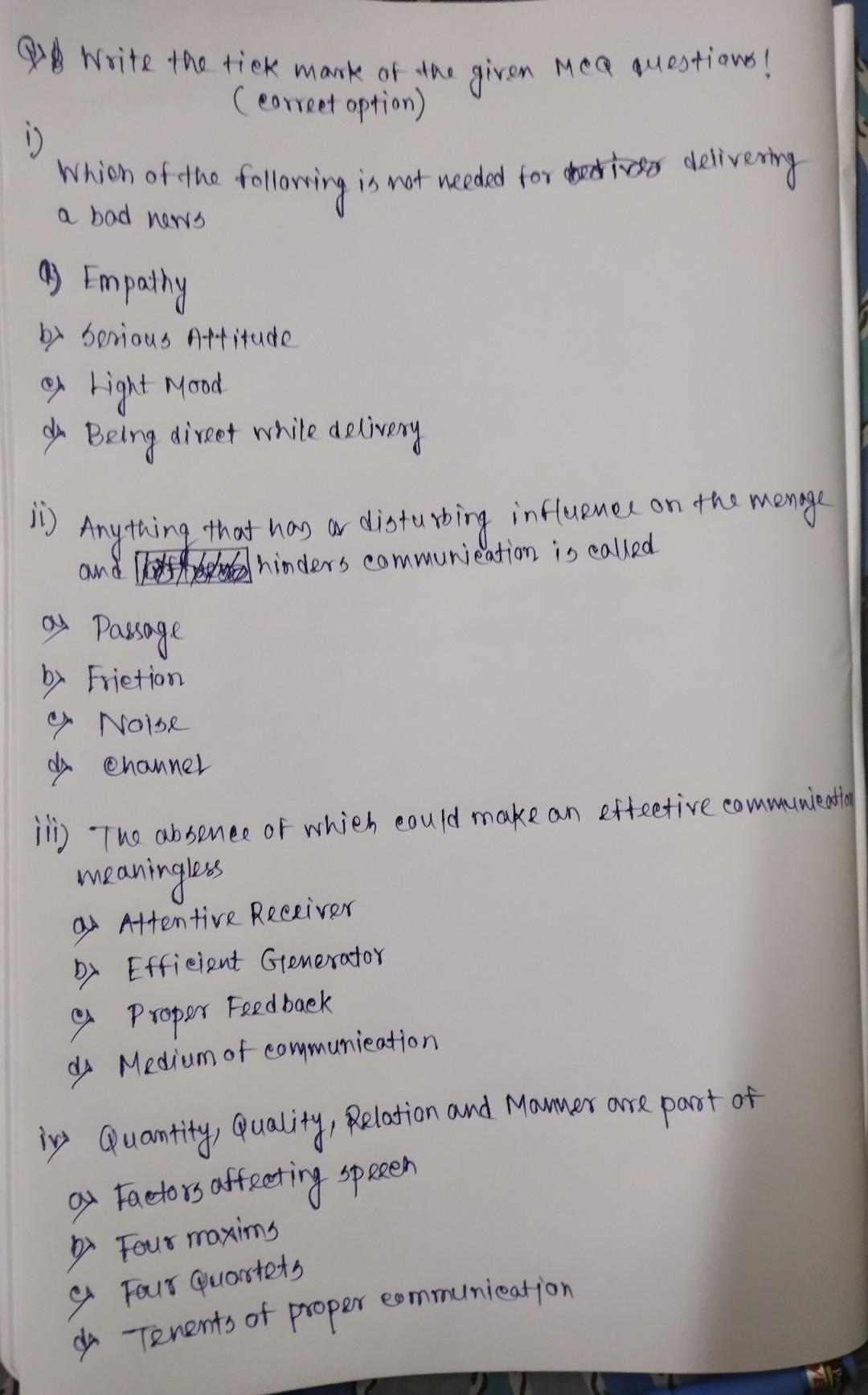 Q1) Write the tick mark of the given MCQ questians! | Chegg.com