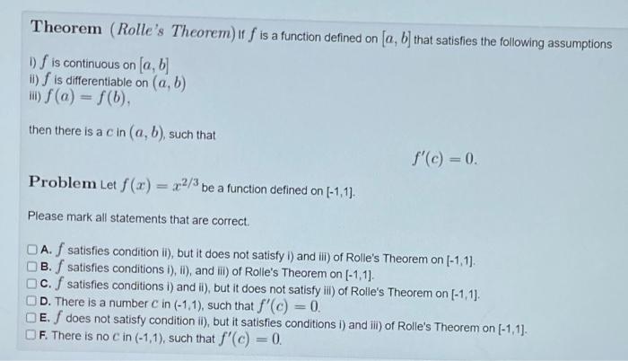 Solved Theorem (Rolle's Theorem) If f is a function defined | Chegg.com