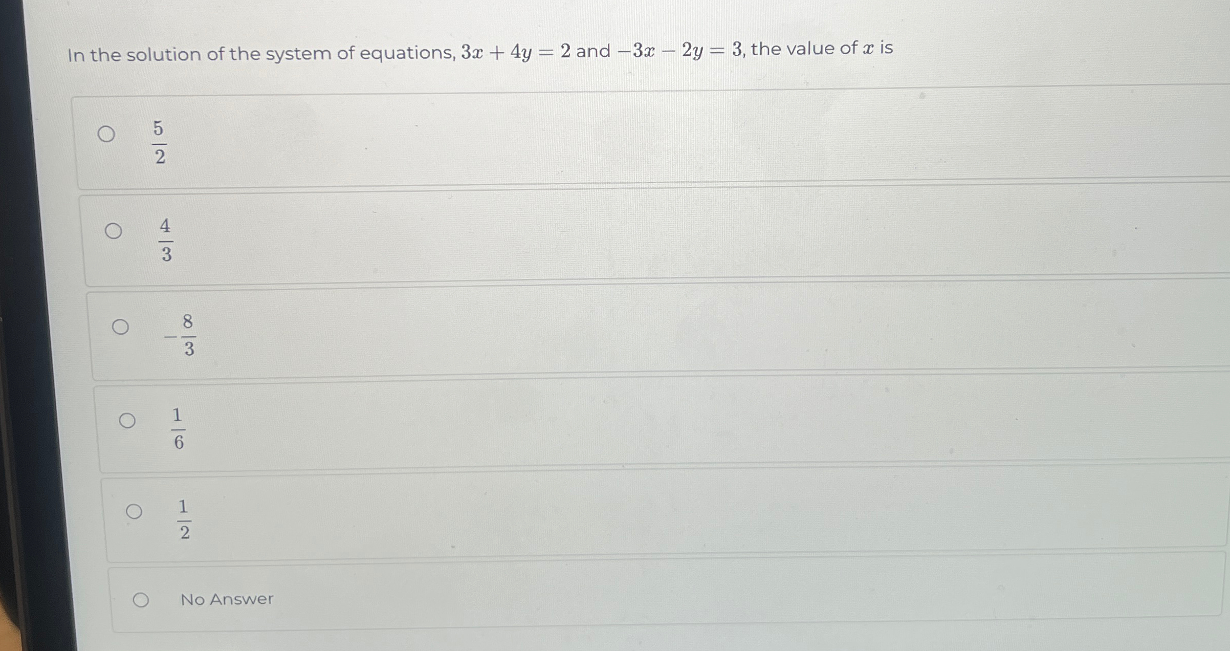 Solved In the solution of the system of equations, 3x+4y=2 | Chegg.com