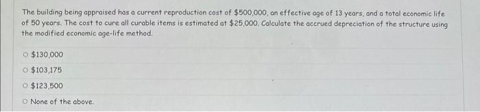 Solved The building being appraised has a current | Chegg.com