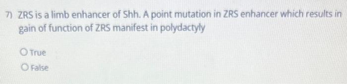 Solved 7) ZRS is a limb enhancer of Shh. A point mutation in | Chegg.com
