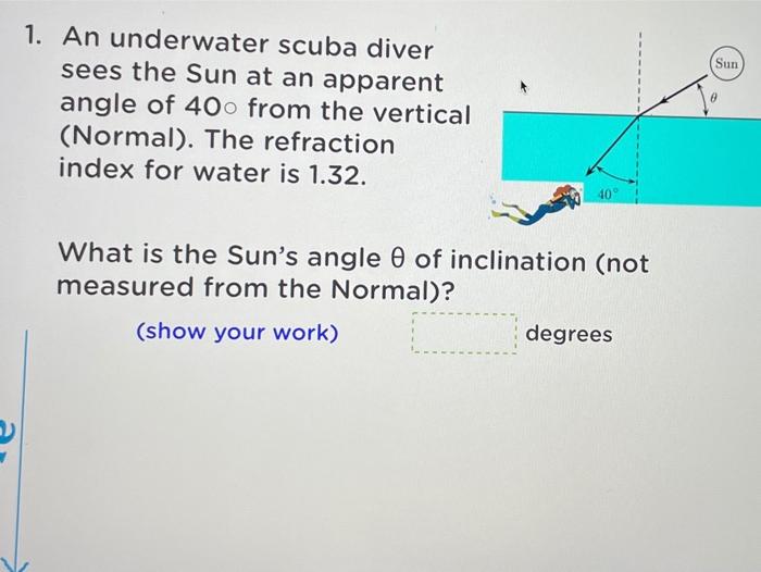 Solved Sun 1. An underwater scuba diver sees the Sun at an | Chegg.com