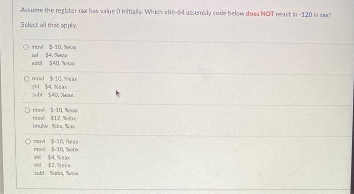 Solved Assume the register rax has value 0 initially. Which | Chegg.com