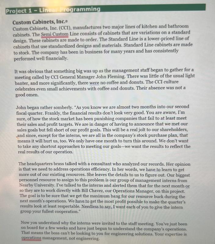 Solved Project 1 - ﻿Line ogrammingCustom Cabinets, Inc. | Chegg.com