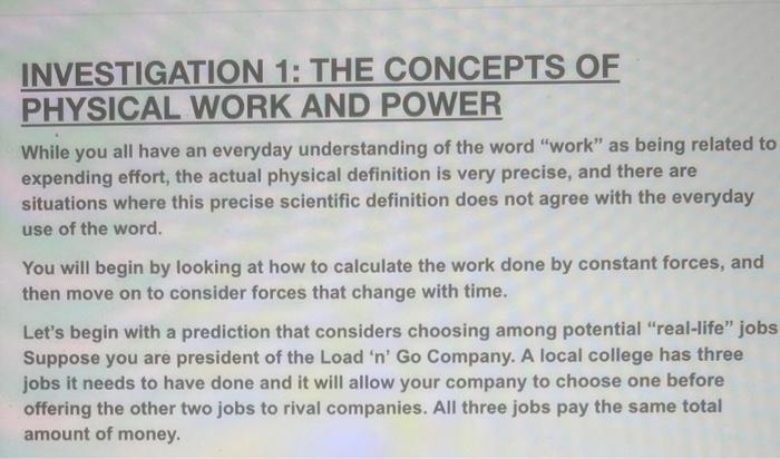 Solved INVESTIGATION 1: THE CONCEPTS OF PHYSICAL WORK AND | Chegg.com