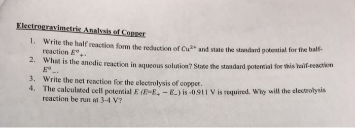 Solved Electrogravimetric Analysis of Copper 1. Write the | Chegg.com