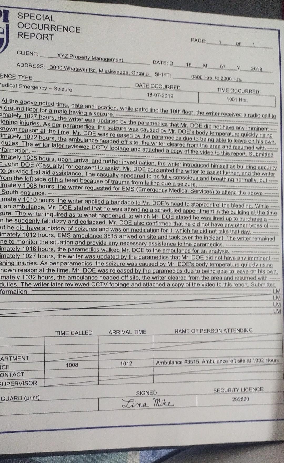 SPECIAL OCCURRENCE REPORT PAGE: 1 of 1 CLIENT: X XYZ | Chegg.com