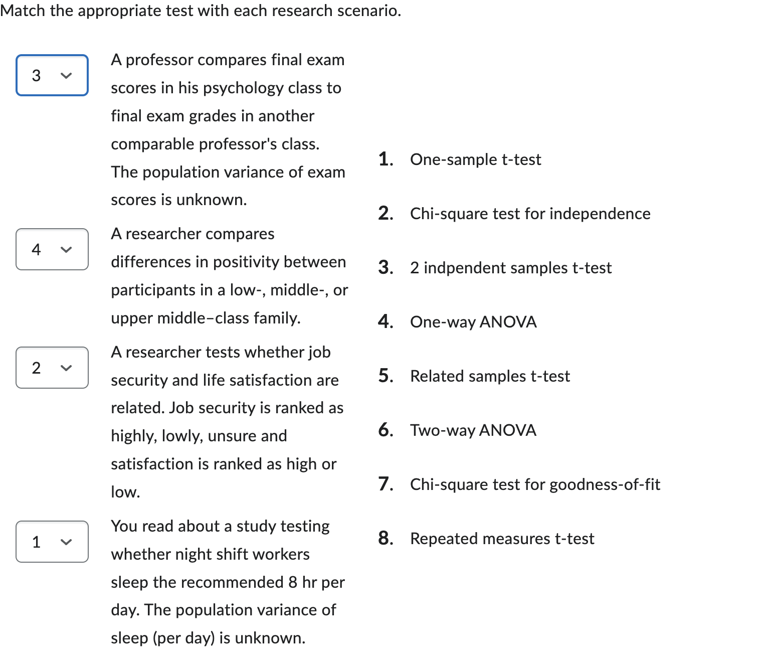 Solved Match the appropriate test with each research | Chegg.com