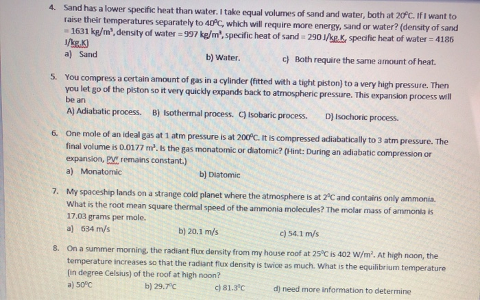 Solved 4. Sand has a lower specific heat than water. I take | Chegg.com