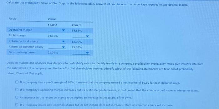 Solved Calculate the profitability ratios of Blur Corp. in | Chegg.com