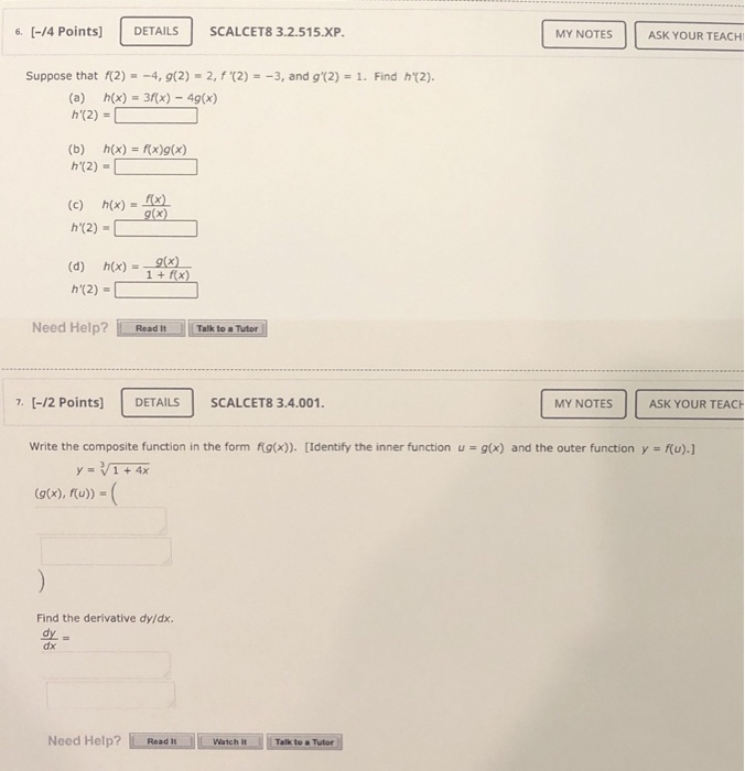 Solved 6. [-/4 Points) DETAILS SCALCET8 3.2.515.XP. MY NOTES | Chegg.com