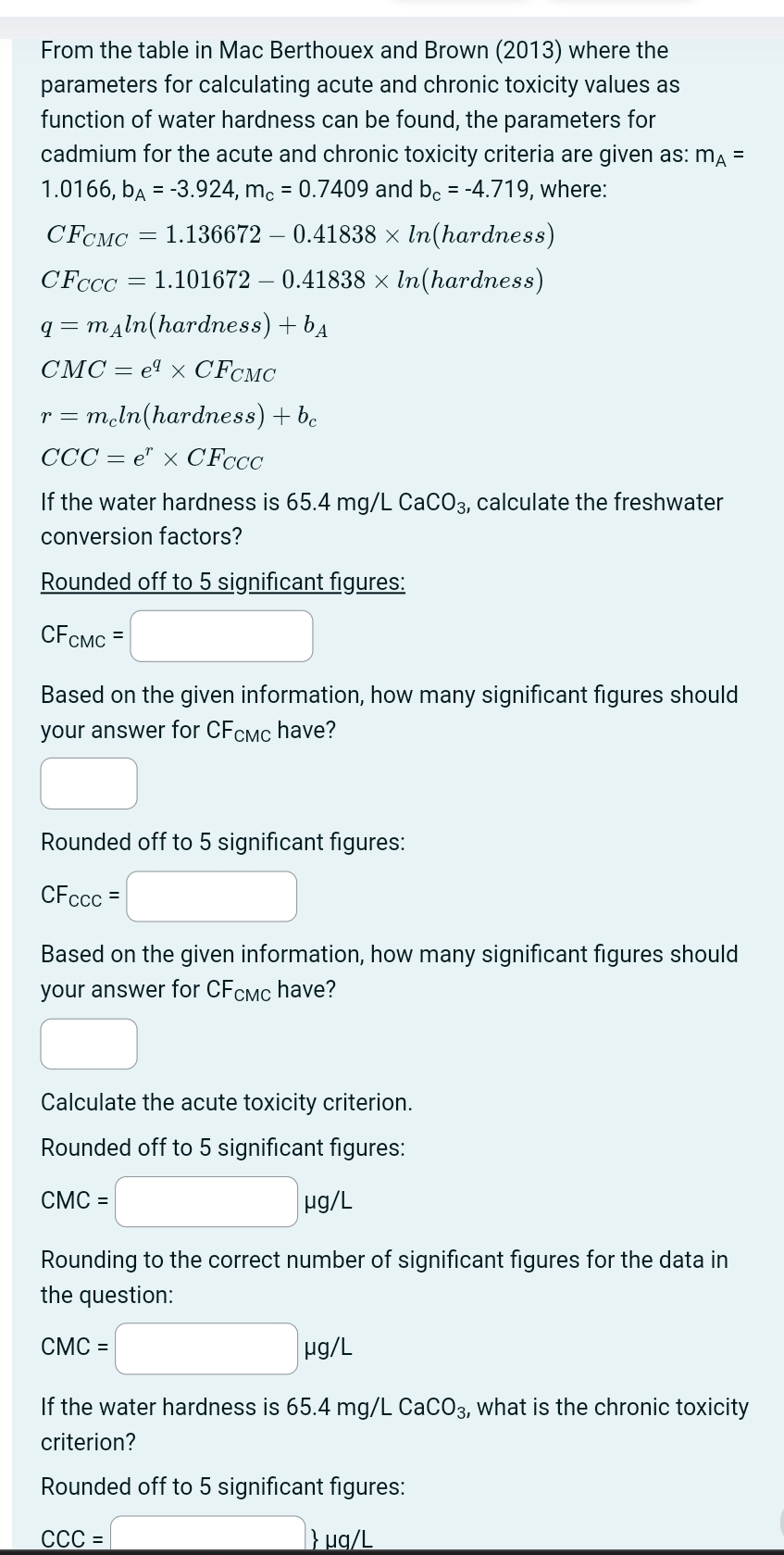 Solved From the table in Mac Berthouex and Brown (2013) | Chegg.com