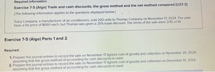 Solved Required informotion Exercise 7-5 (Algo) Trade and | Chegg.com