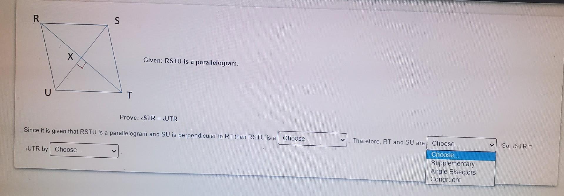 Solved R S Х Given: RSTU is a parallelogram. T Prove: | Chegg.com