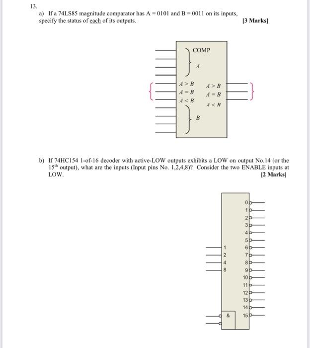 Solved 13. a) Ifa 74LS85 magnitude comparator has A =0101 | Chegg.com
