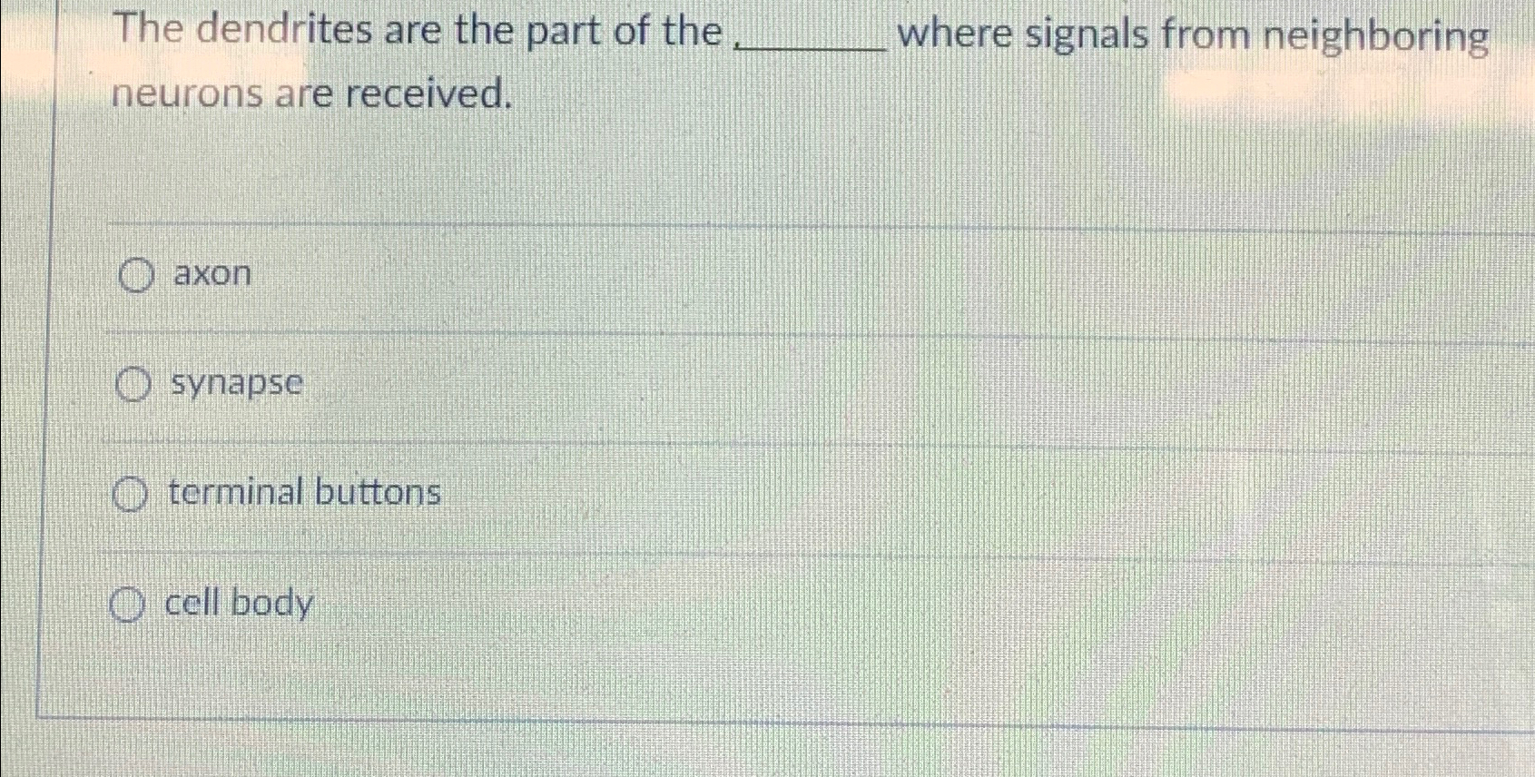 Solved The dendrites are the part of the, where signals from | Chegg.com