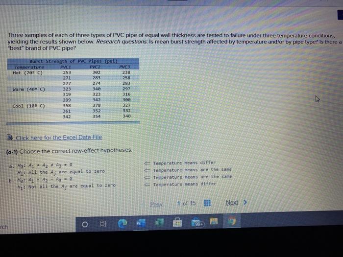 Solved Three samples of each of three types of PVC pipe of | Chegg.com