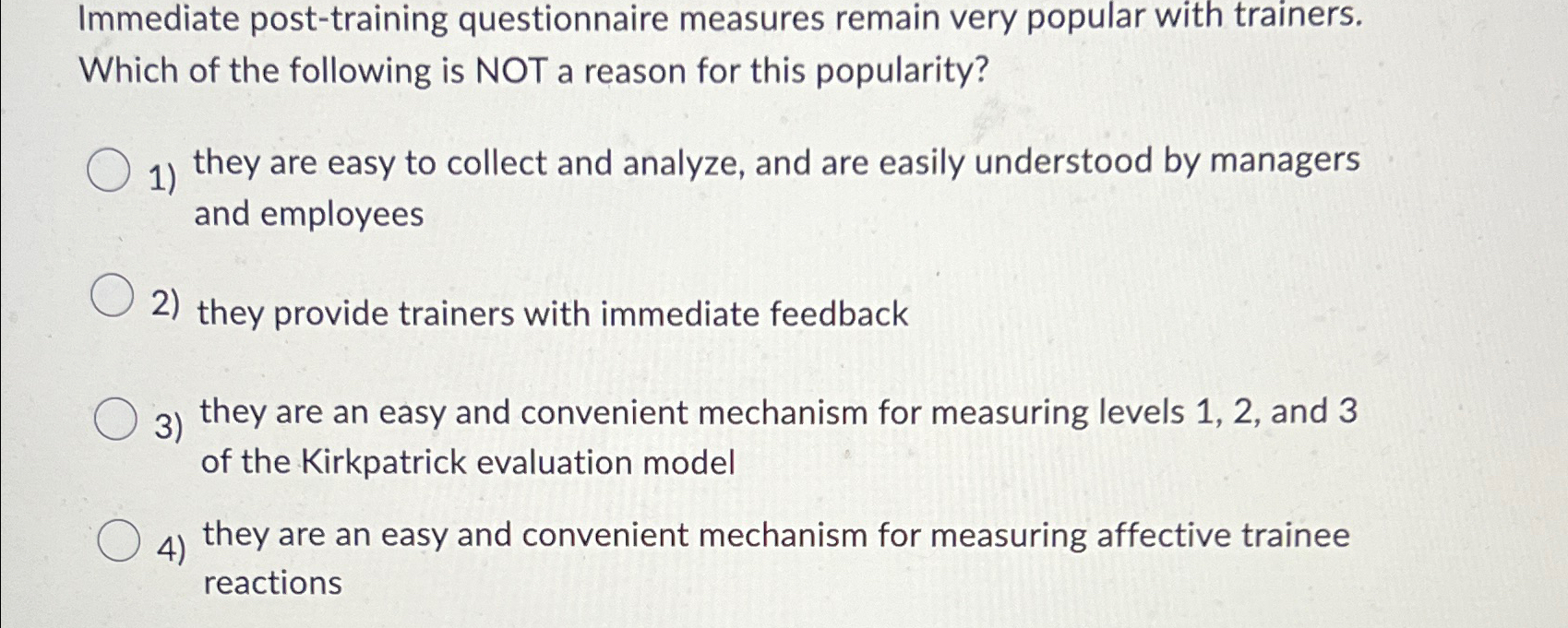 Solved Immediate post-training questionnaire measures remain | Chegg.com