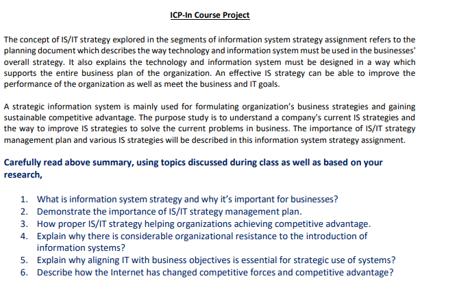 Solved ICP-In Course ProjectThe concept of IS/IT strategy | Chegg.com