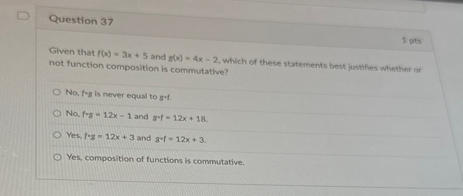 Solved Question 371 ﻿ptsGiven that f(x)=3x+5 ﻿and g(x)=4x-2, | Chegg.com