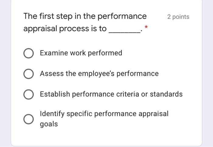 Solved 2 points The first step in the performance appraisal | Chegg.com