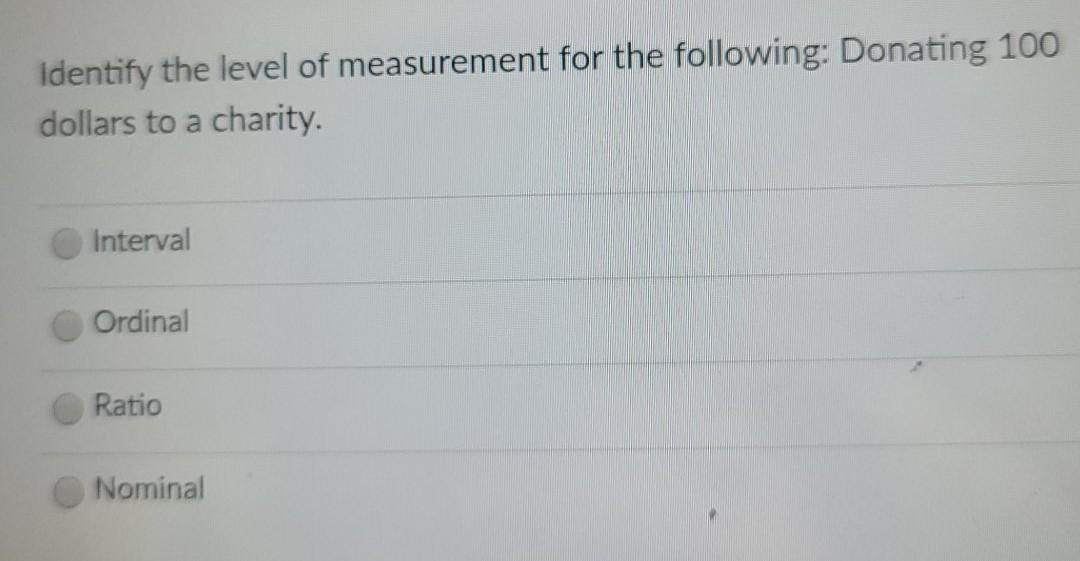 Solved Identify the level of measurement for the following: | Chegg.com