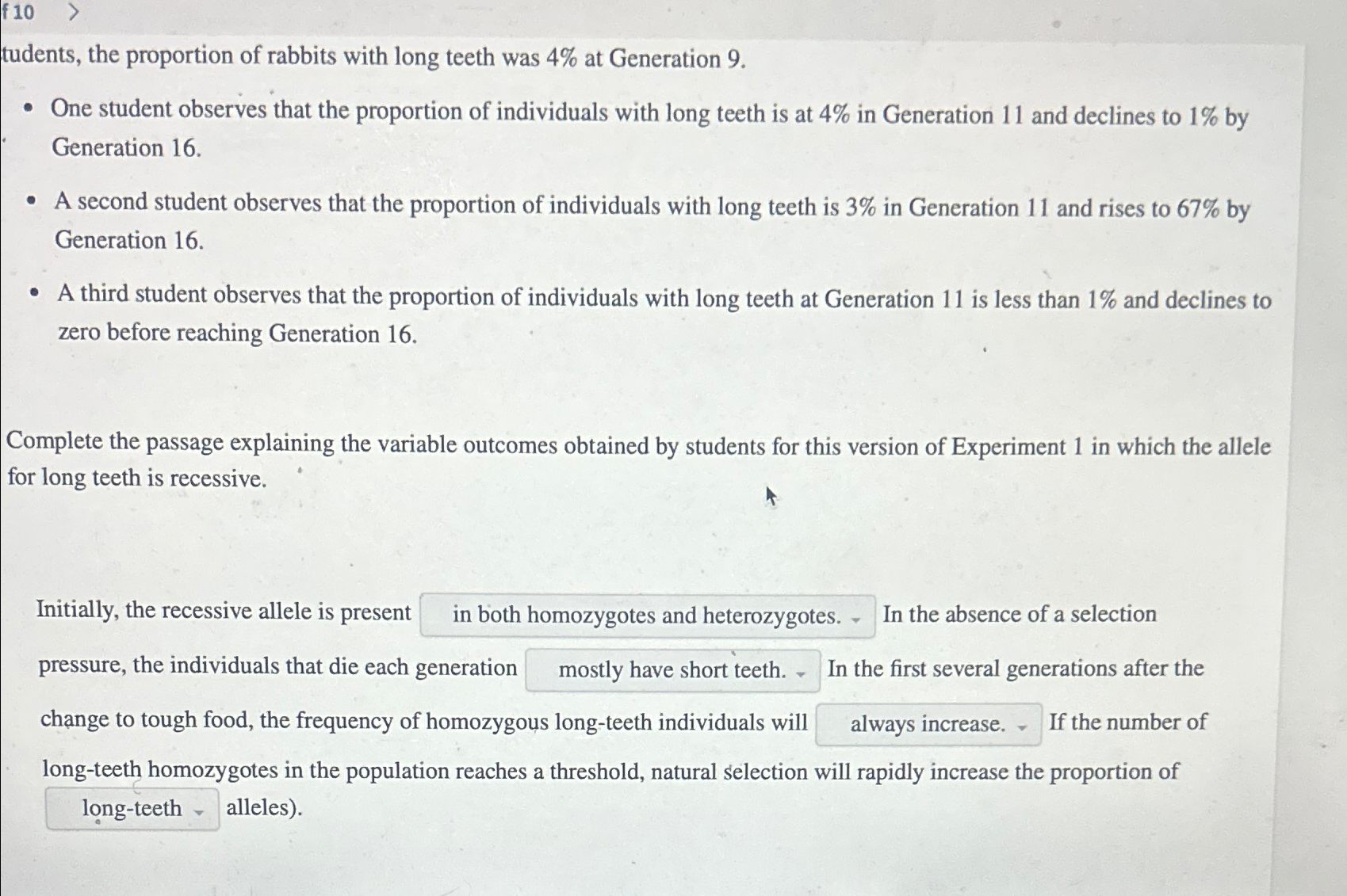 Solved f 10tudents, the proportion of rabbits with long | Chegg.com