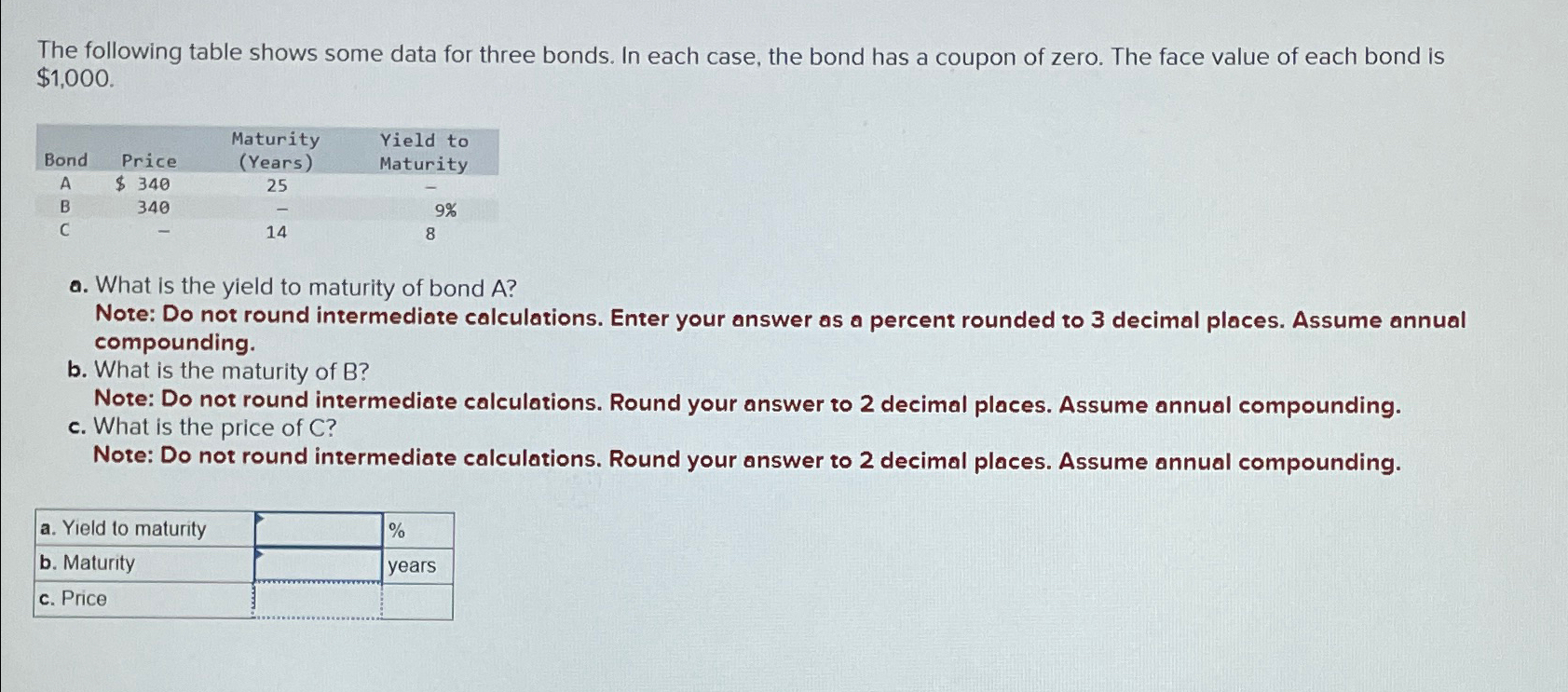 Solved The following table shows some data for three bonds. | Chegg.com