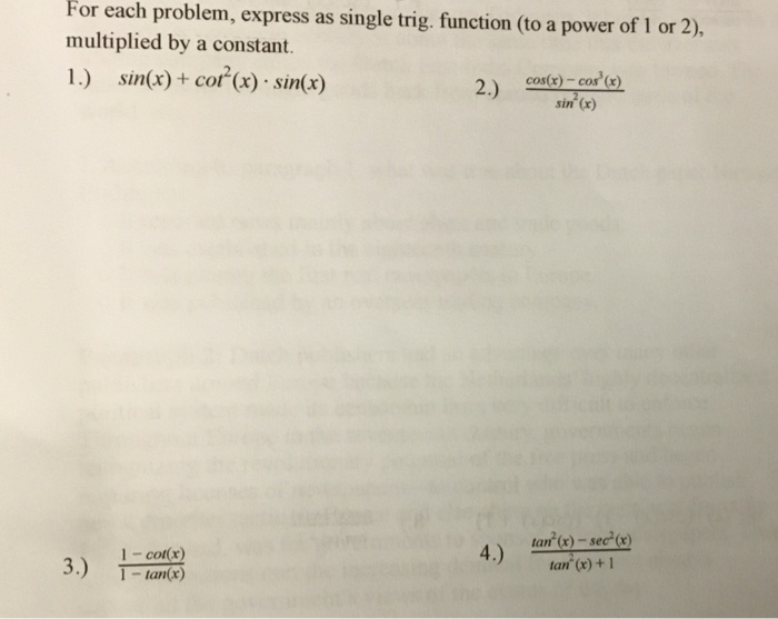 Solved For each problem, express as single trig. function | Chegg.com