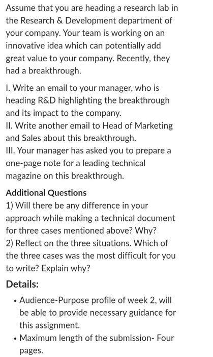 Solved Assume that you are heading a research lab in the | Chegg.com