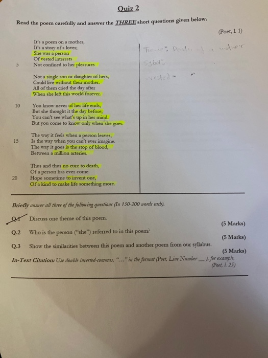 Quiz 2 Read the poem carefully and answer the THREE | Chegg.com