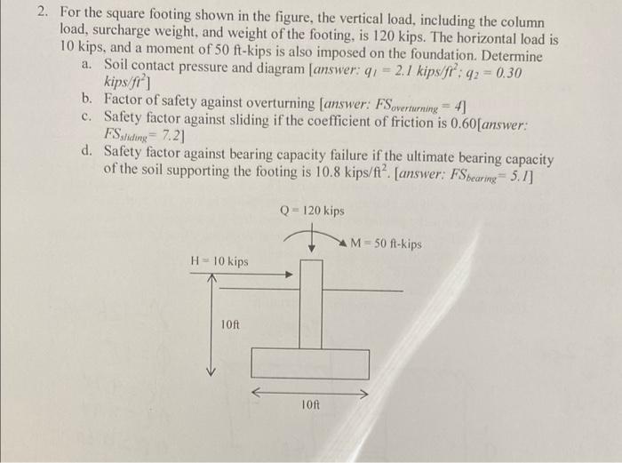 Solved 2. For the square footing shown in the figure, the | Chegg.com