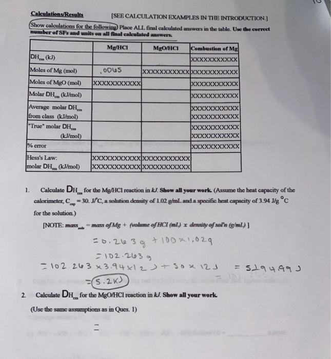 Solved calculate delta H for the Mg/HCl reaction in KJ show | Chegg.com