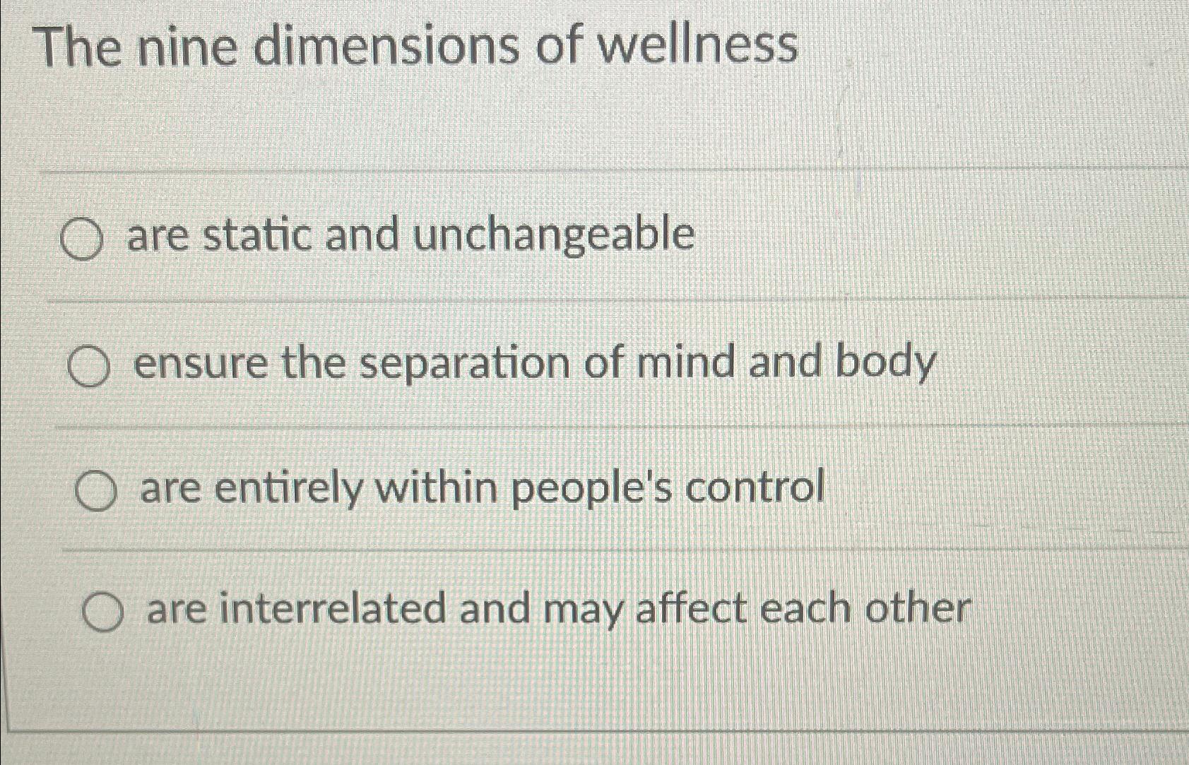 Solved The nine dimensions of wellnessare static and | Chegg.com