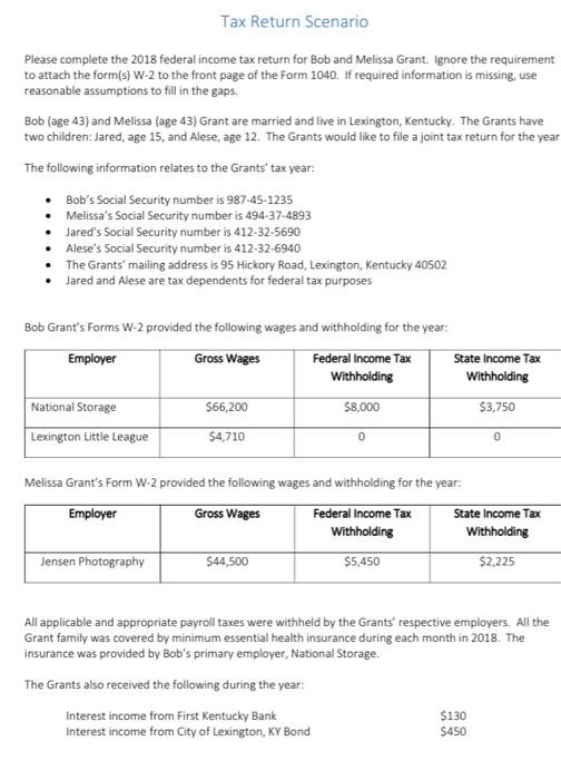 Tax Return Scenario Please complete the 2019 federal | Chegg.com