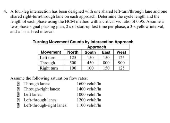 Solved 4. A four-leg intersection has been designed with one | Chegg.com
