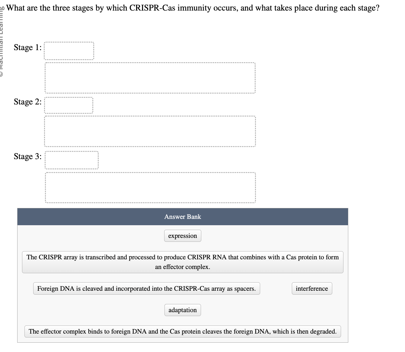 Solved What are the three stages by which CRISPR-Cas | Chegg.com