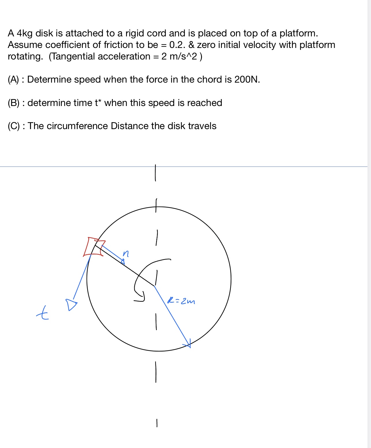 A 4kg ﻿disk is attached to a rigid cord and is placed | Chegg.com