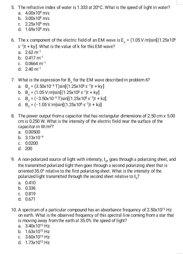 Solved 5. The refractive index of water is 1.333 at 20∘C. | Chegg.com