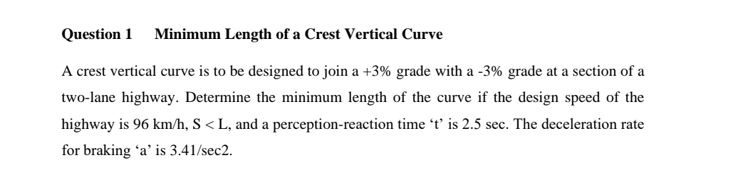 Solved Question 1 ﻿Minimum Length of a Crest Vertical CurveA | Chegg.com