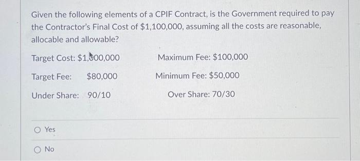 Solved Given the following elements of a CPIF Contract, is | Chegg.com