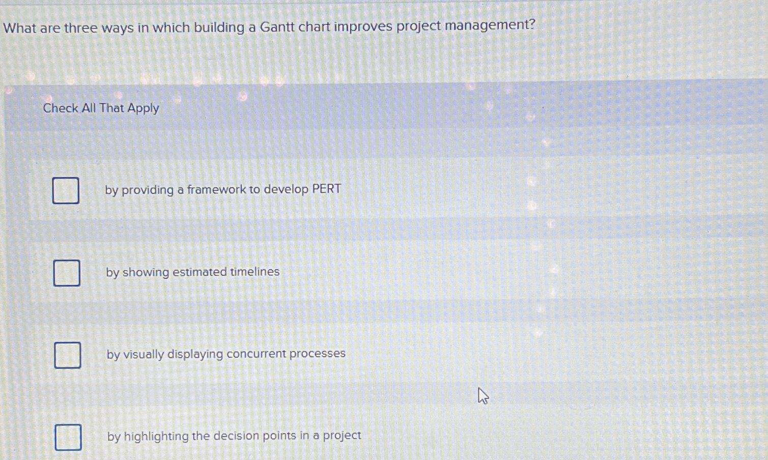 Solved What are three ways in which building a Gantt chart | Chegg.com