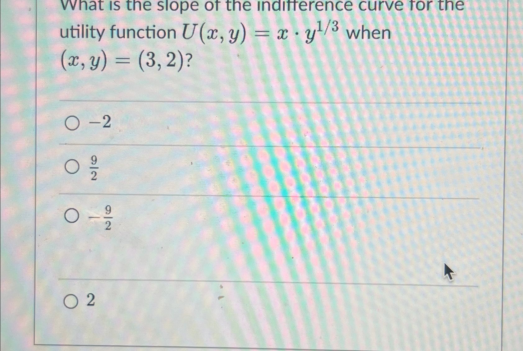 Solved What is the slope of the indifference curve for the | Chegg.com
