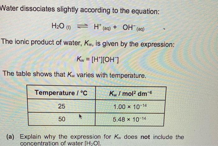 Solved Water dissociates slightly according to the equation: | Chegg.com