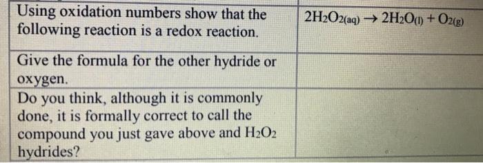 Solved 2H2O2(aq) → 2H2O(1) + O2(g) Using oxidation numbers | Chegg.com