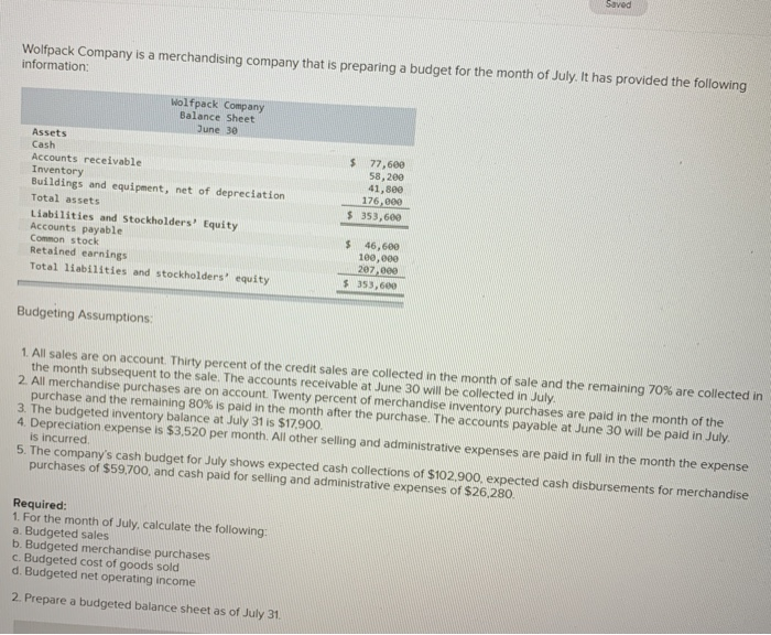 Solved Saved Wolfpack Company is a merchandising company | Chegg.com