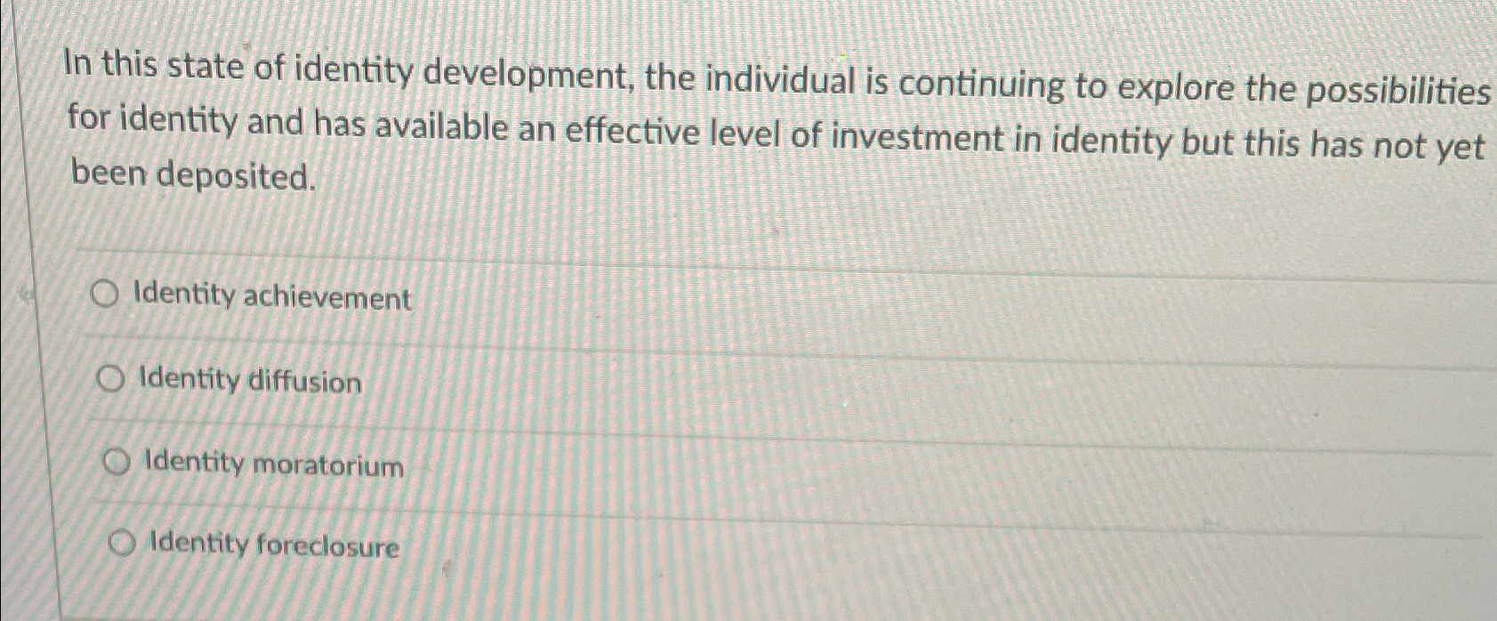 Solved In this state of identity development, the individual | Chegg.com