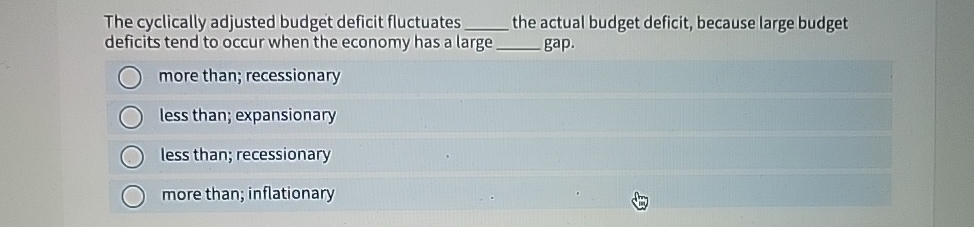 Solved The cyclically adjusted budget deficit fluctuates the | Chegg.com