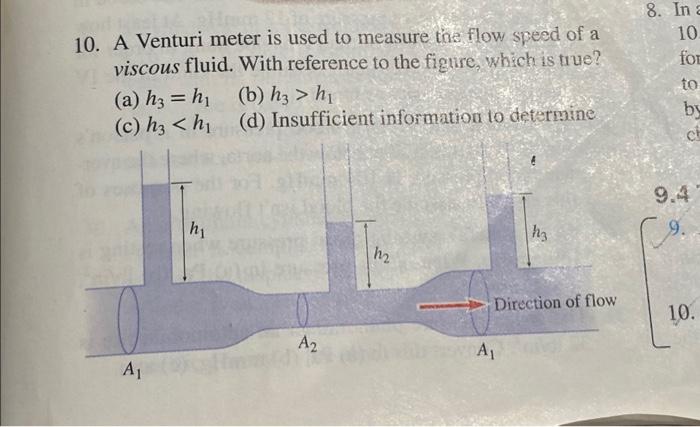 Solved 10. A Venturi meter is used to measure the flow speed | Chegg.com