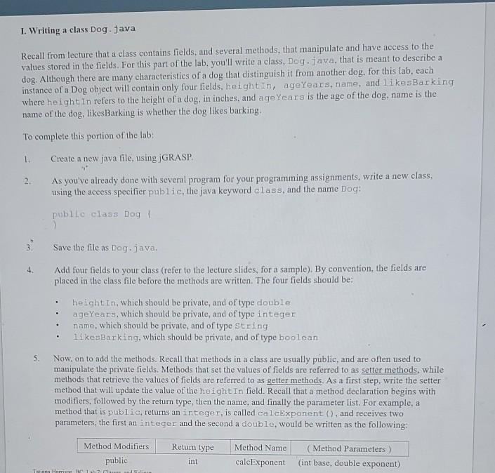 Solved 1. Writing a class Dog Java Recall from lecture that | Chegg.com